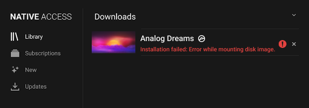 Mensaje de error en Native Access 2: "Error while mounting disk image" – Native Instruments