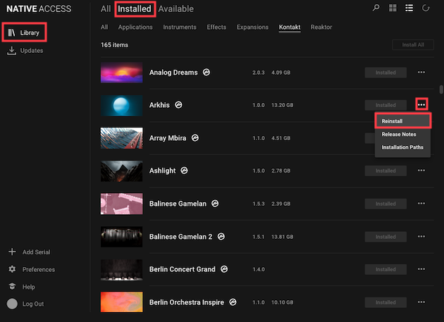 Reinstalling a Product with Native Access – Native Instruments